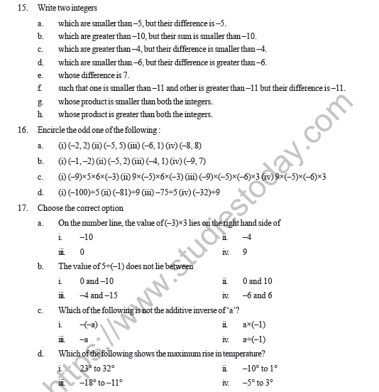 CBSE Class 7 Mathematics Integers Question Bank